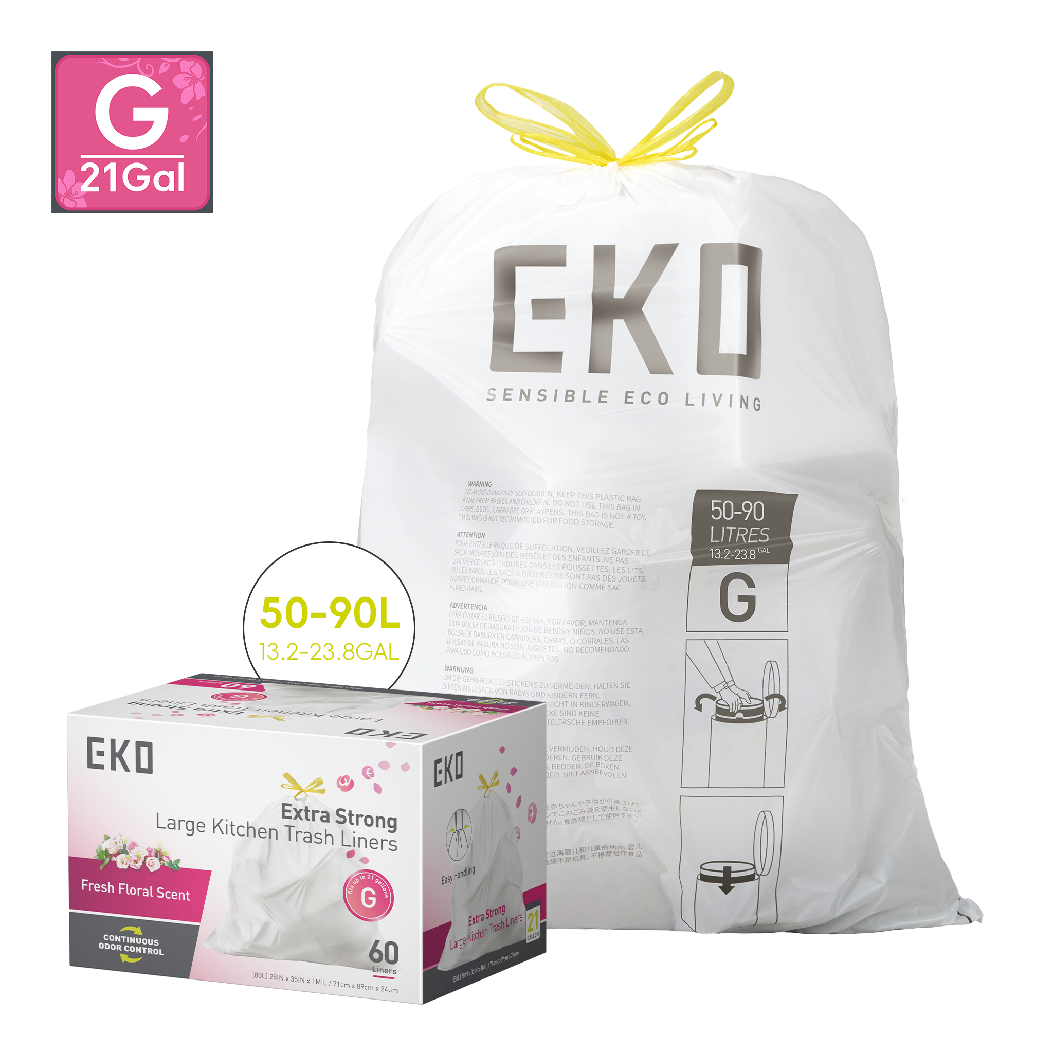 Code G - 21 Gal Easy-Dispense Roll Trash Bag - 60 Count-Fresh Floral ...